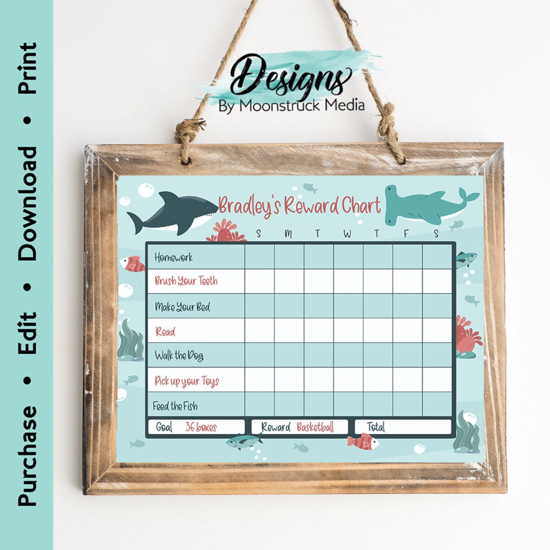 Editable Shark Reward Chart for Boys | Printable Chore, Potty Training ...