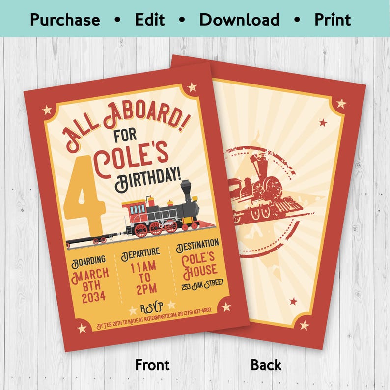 All Aboard Train Birthday Party Invitation | Editable Template | Red ...