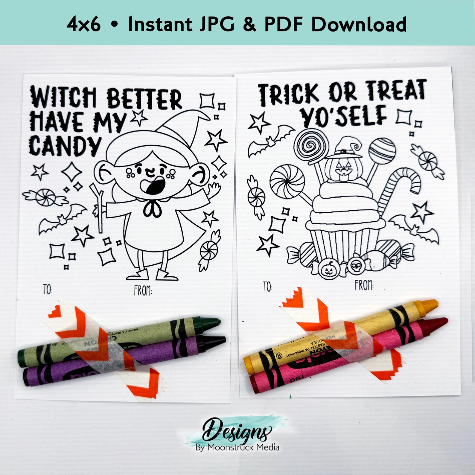 Halloween Coloring Cards for Kids: Printable Trick or Treat Favors (PDF ...