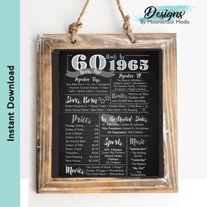 1965 Fun Facts Poster 60th Birthday or Anniversary Party Chalkboard ...