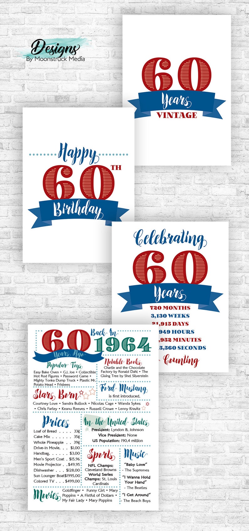 Paquete de decoración para 60 cumpleaños en rojo y azul / Letreros ...