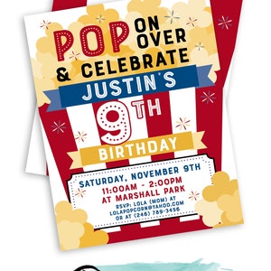 Pop on Over Popcorn Invitation, Movies Invitation, Movie Birthday ...