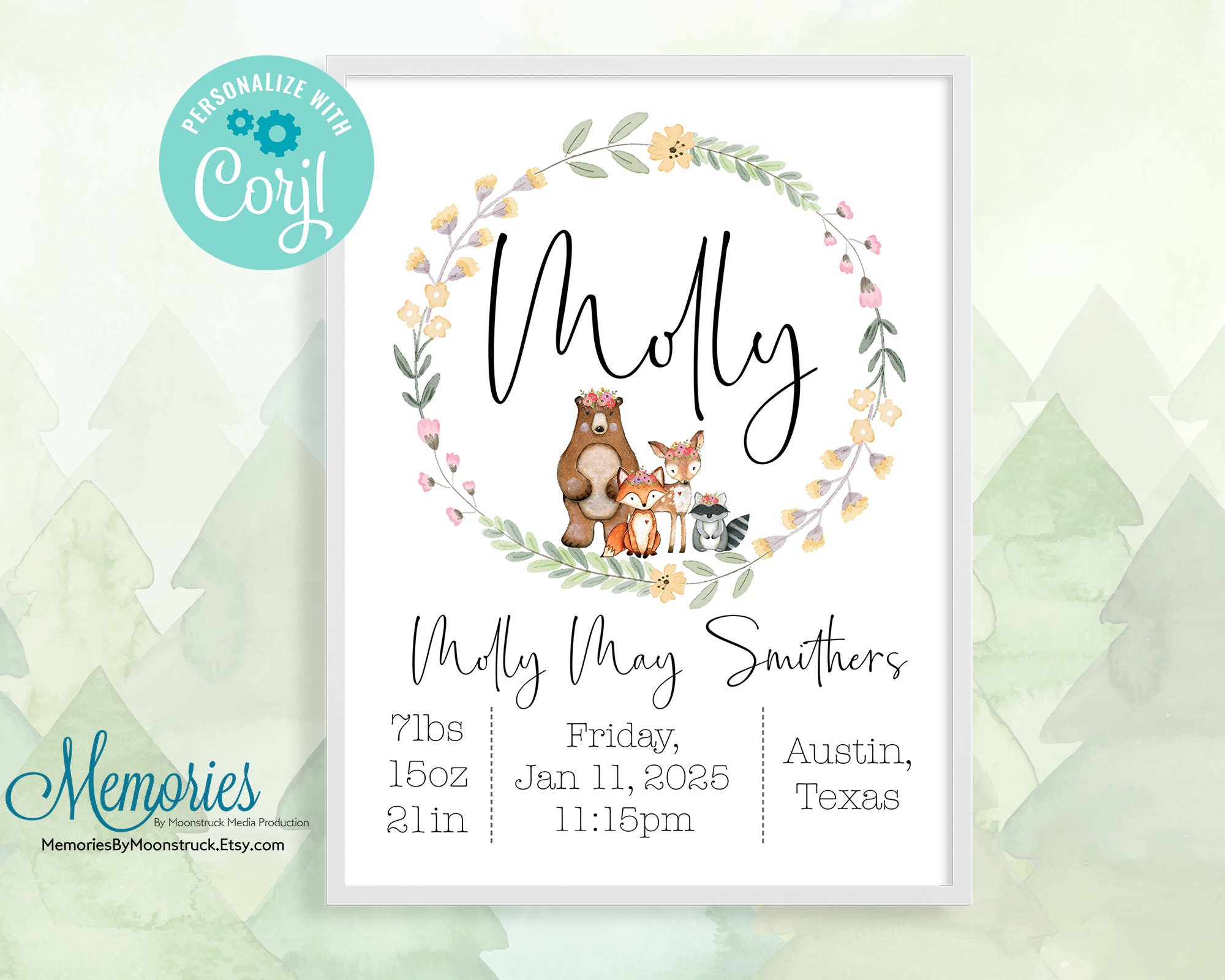 Floral Woodland Animals Birth Stats Sign | Etsy