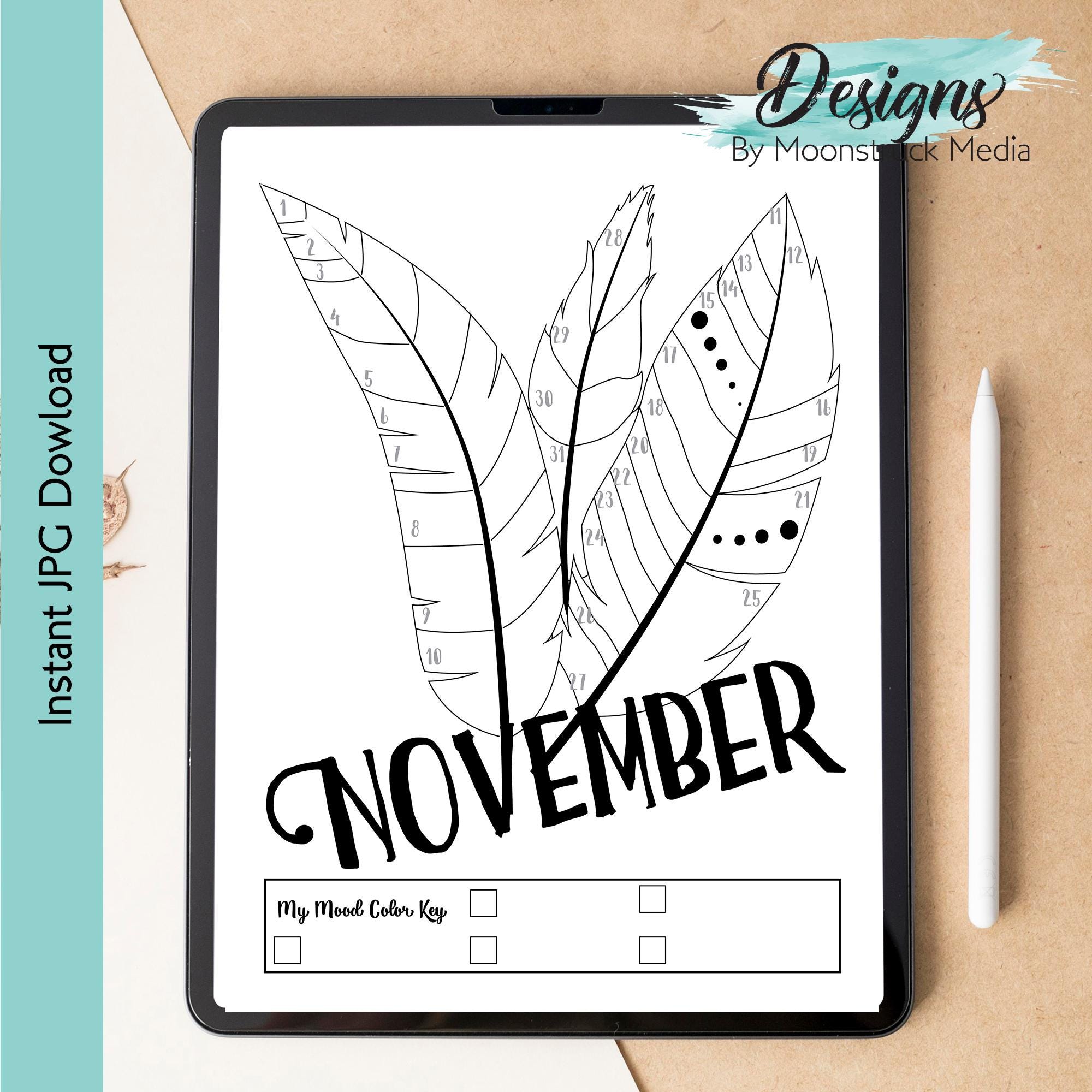 November Mood Tracker Feather Theme | Printable Mood Tracker | Bullet ...