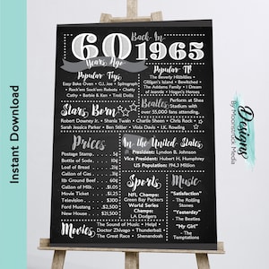 1965 Fun Facts Poster 60th Birthday or Anniversary Party Chalkboard ...