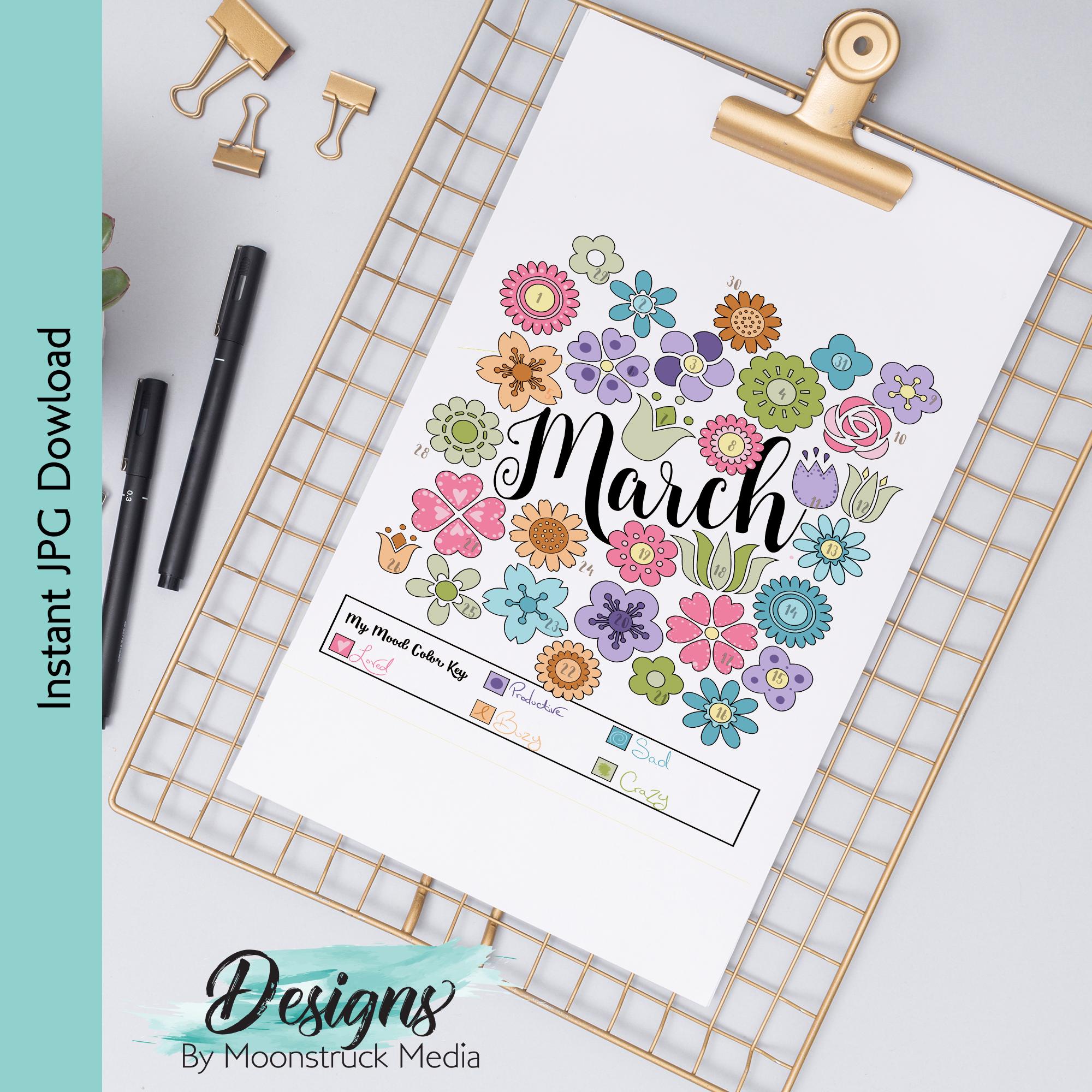 March Flower Mood Tracker Printable | Floral Bullet Journal Insert ...