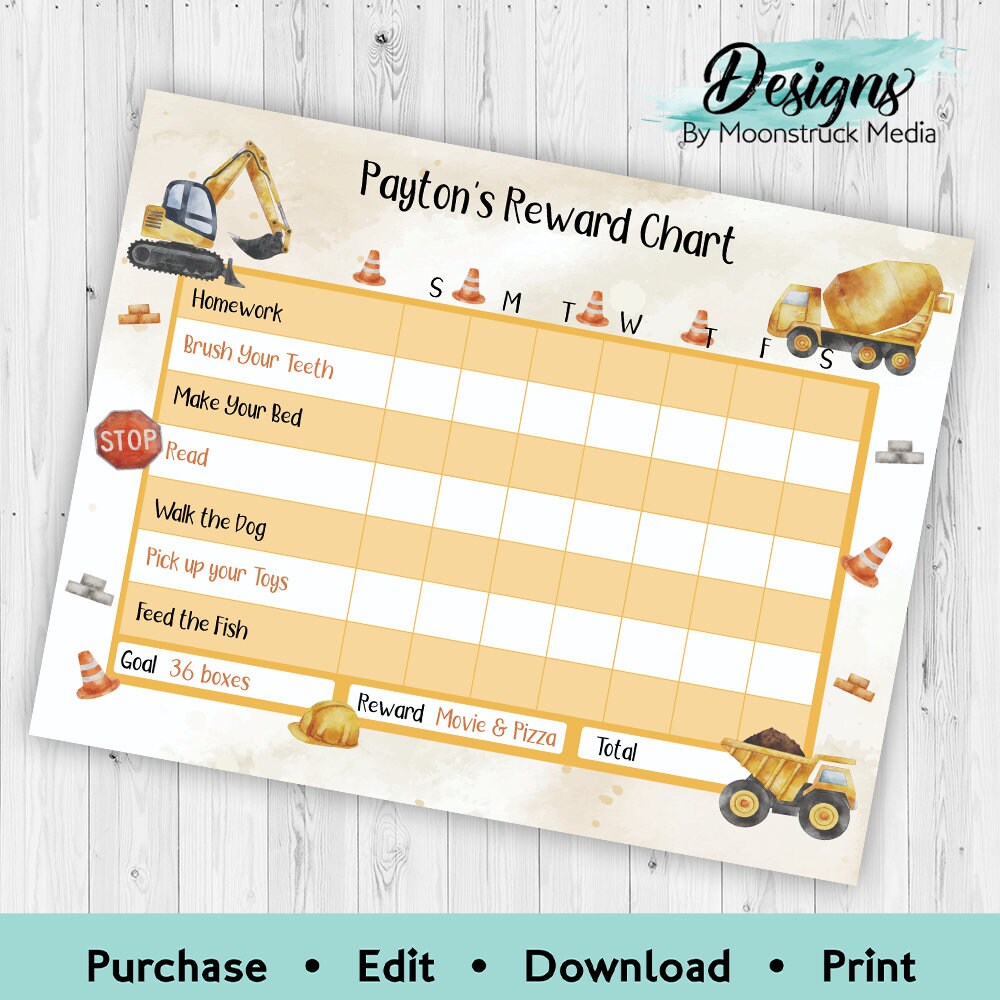 Editable Construction Reward Chart Printable | Kids Chore or Behavior ...