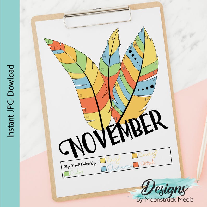 November Mood Tracker Feather Theme | Printable Mood Tracker | Bullet ...