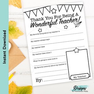 Thank You Teacher Fill-in-the-blank Printable | Teacher Appreciation ...