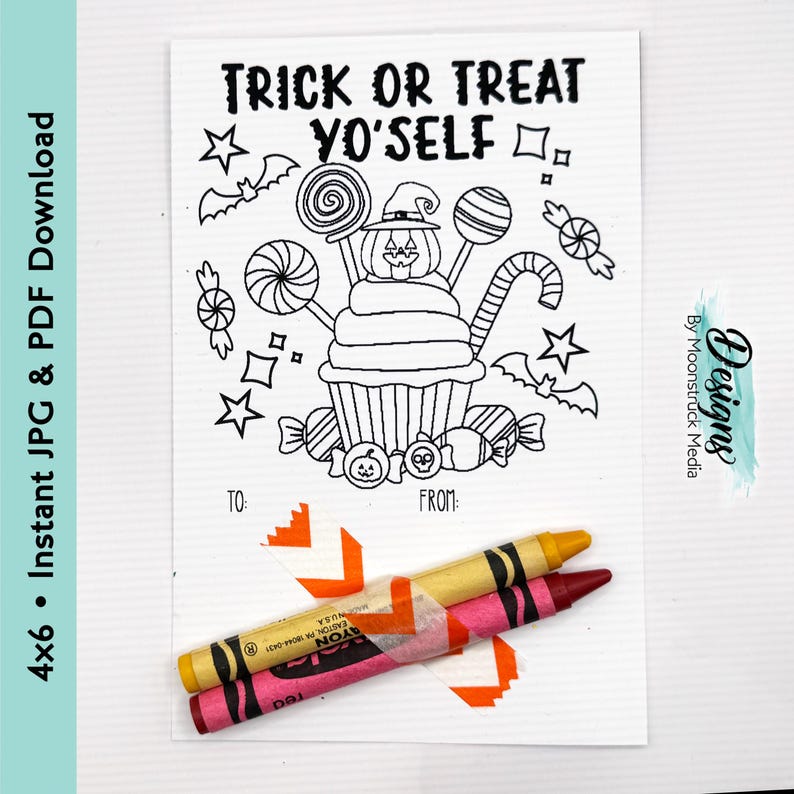 Halloween Coloring Cards for Kids: Printable Trick or Treat Favors (PDF ...