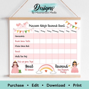 Editable Princess Reward Chart, Pink Princess Girls Reward Chart ...