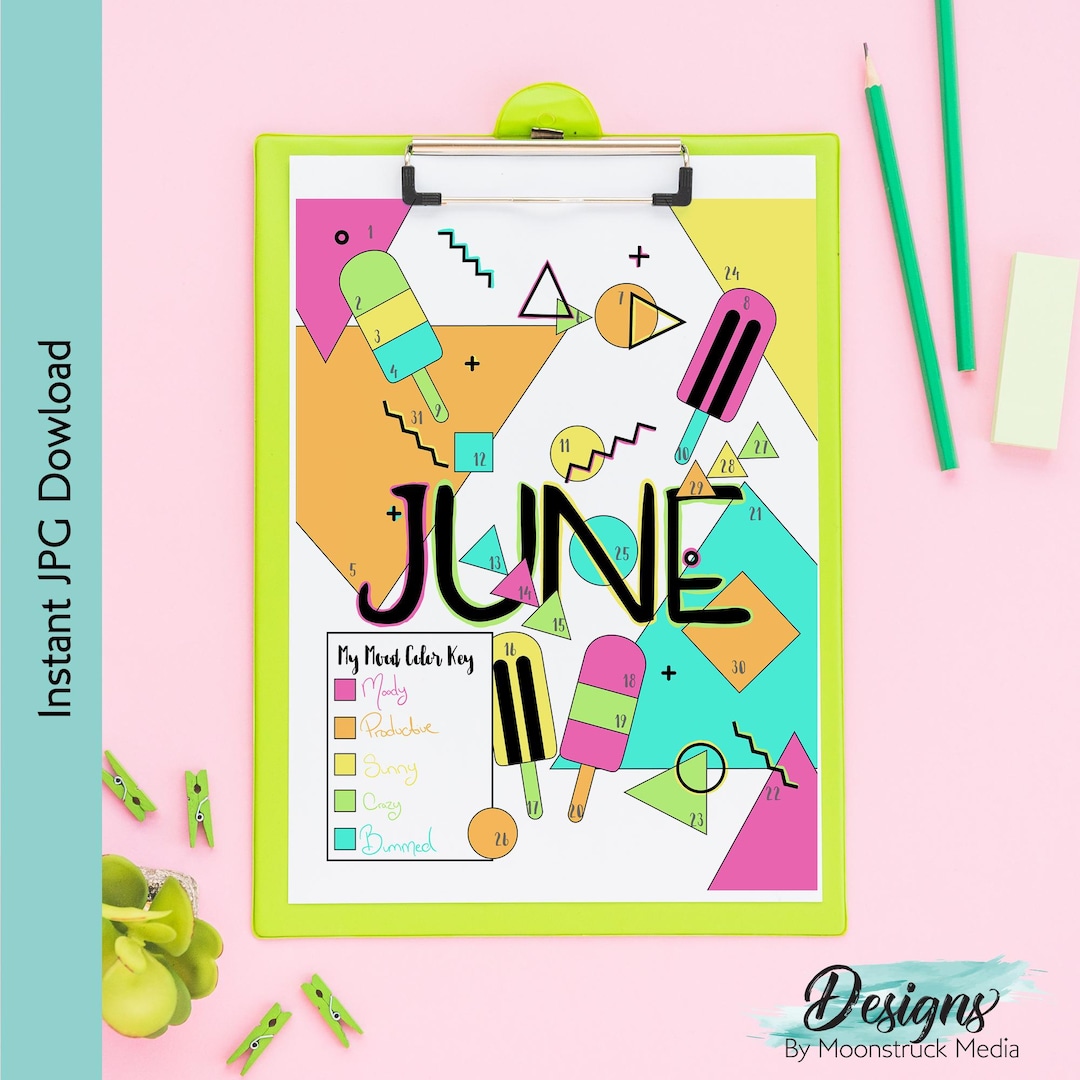 June Mood Tracker | 90s Theme Journal Printable | Neon Color-in ...