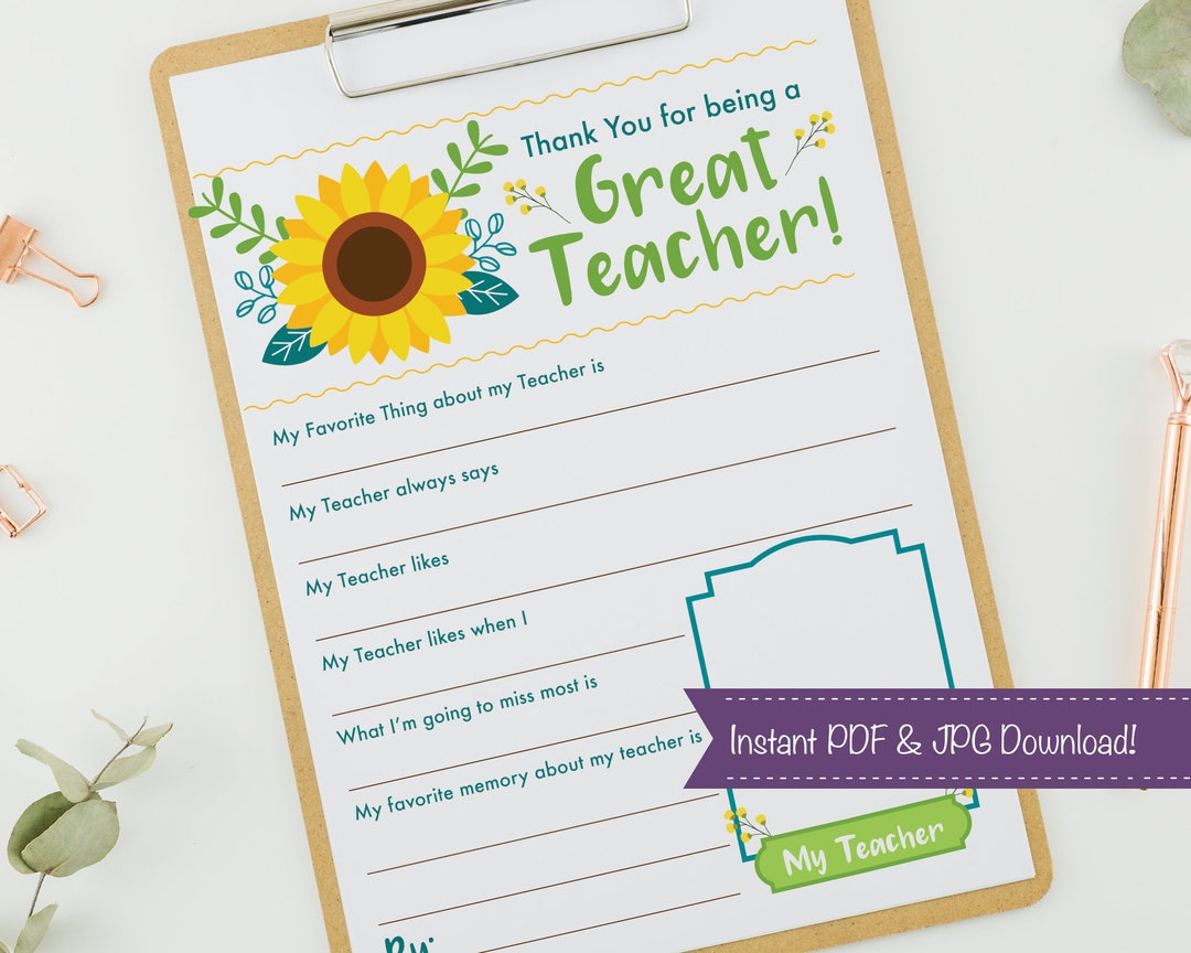Teacher Appreciation Printable Thank You Letter Kids Teacher Gift ...
