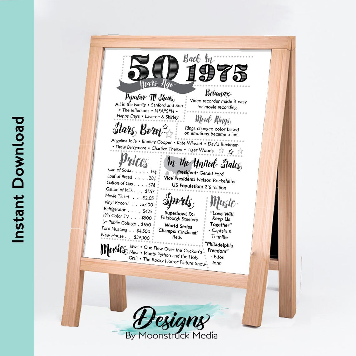 1975 Fun Facts Poster | 50th Birthday Sign | Black and White Retro 1975 ...