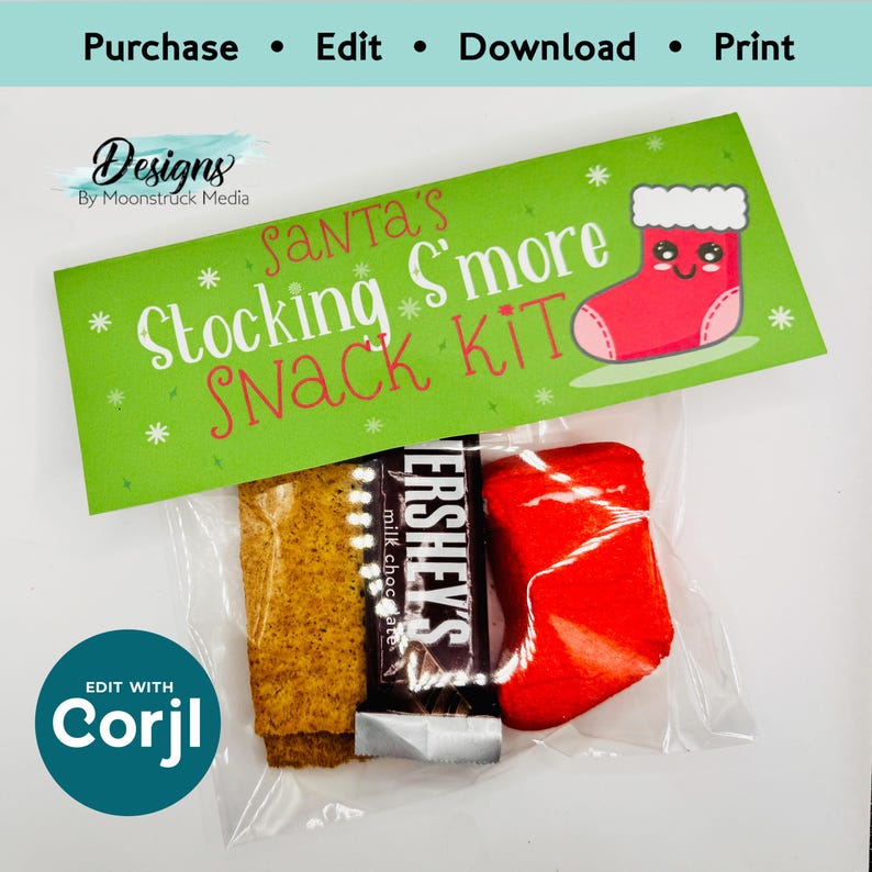 Santa's Stocking S’more Snack Kit Label | Printable Christmas Treat Bag ...