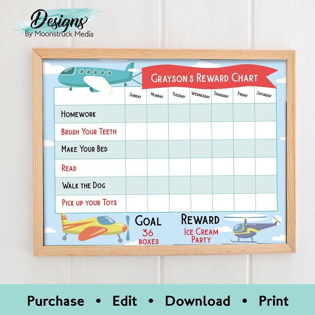 Editable Airplane Reward Chart, Airplane Sticker Chart, Boys Reward ...
