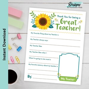 Thank You Teacher Fill-in Letter With Sunflower | Printable Teacher ...
