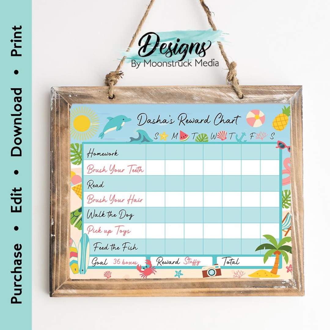 Beach Weekly Reward Chart for Kids | Editable Tropical Chore Chart ...