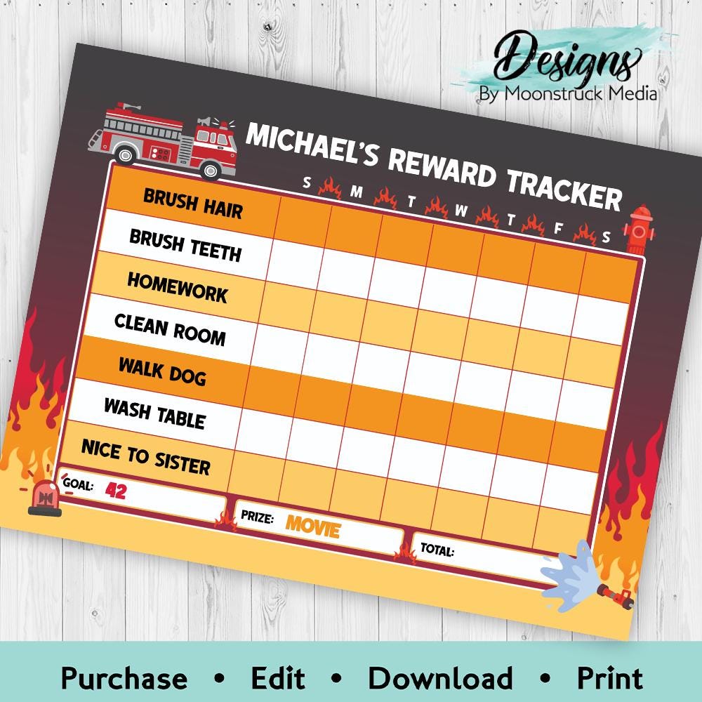 Fire Truck Reward Chart for Kids | Editable Behavior Tracker ...