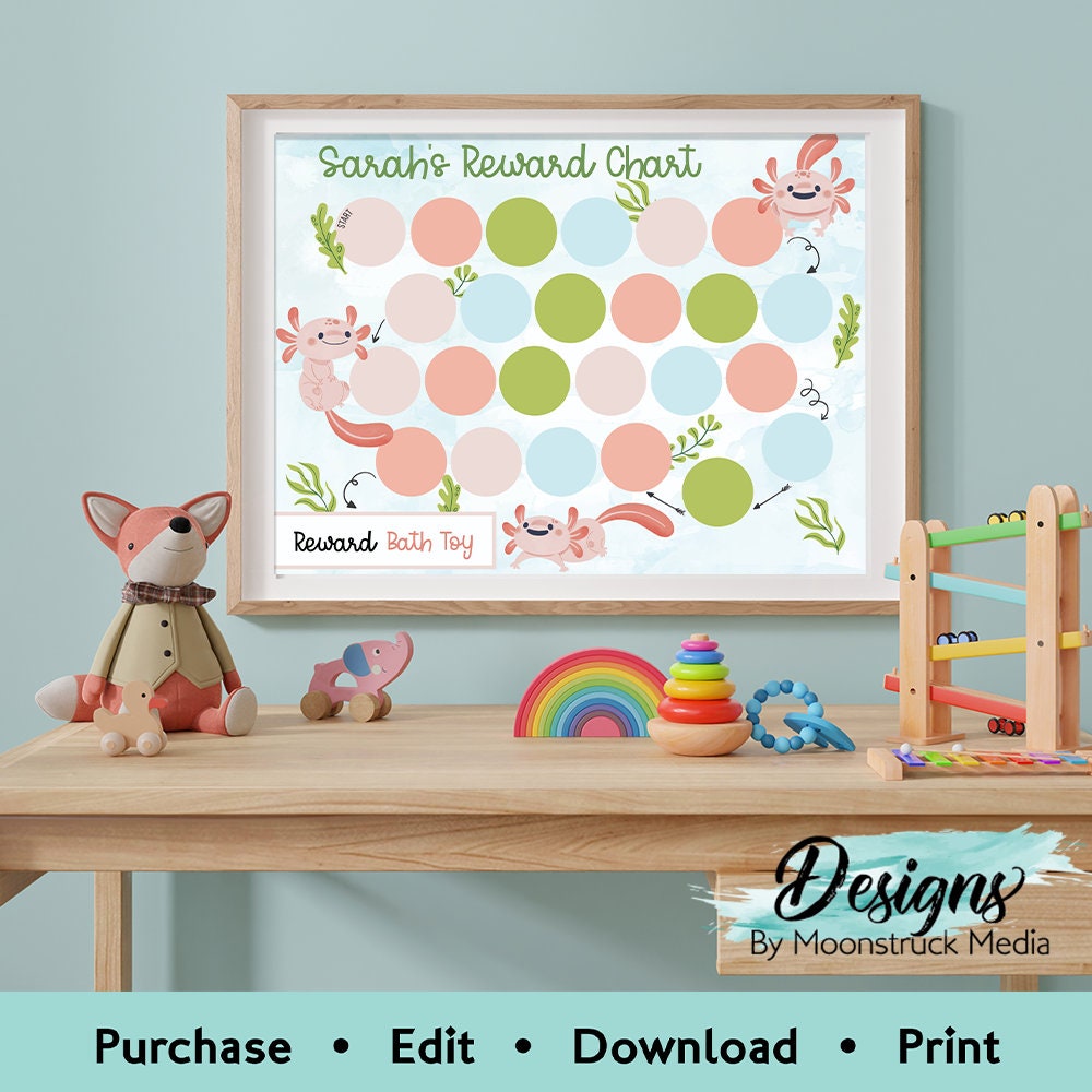 Reward Chart Printable Axolotl | Editable Kids Chore Chart | Kawaii ...