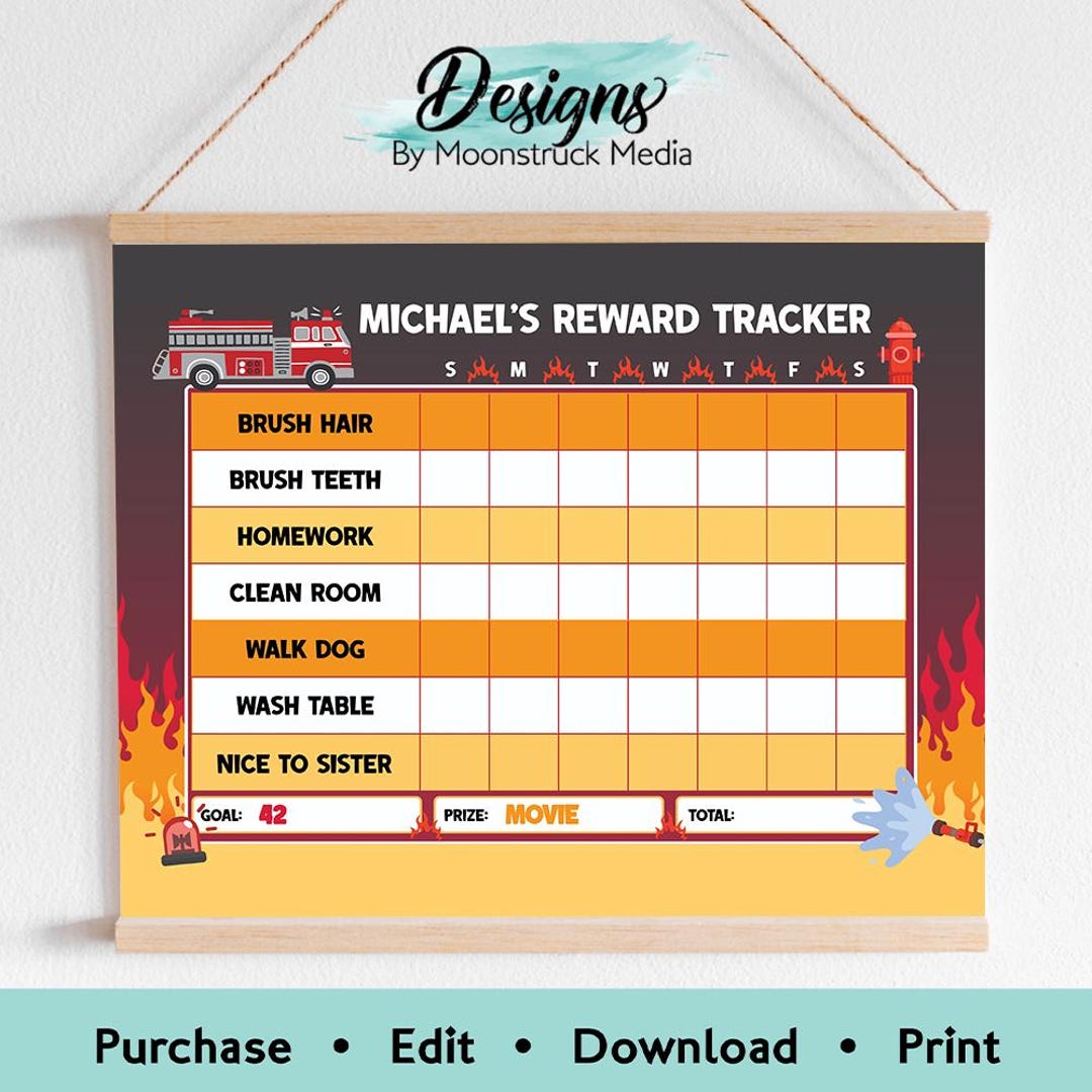 Fire Truck Reward Chart for Kids | Editable Behavior Tracker ...