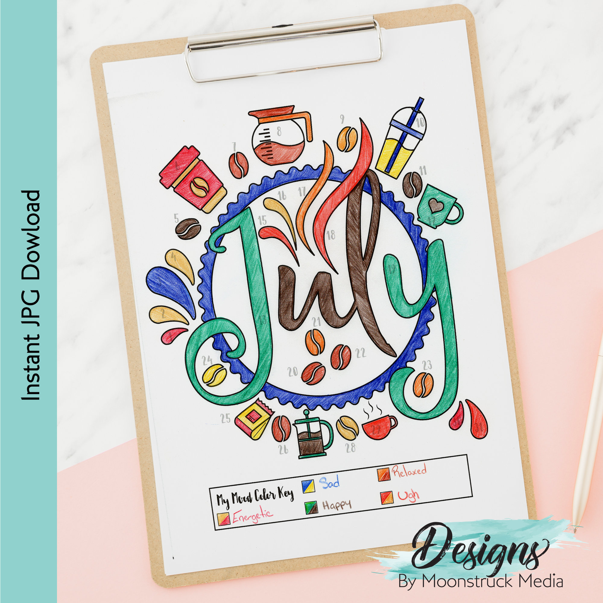 July Coffee Mood Tracker Printable | Coffee Lover Monthly Mood Chart ...