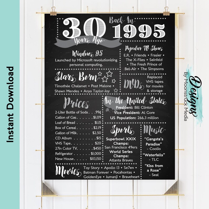 1995 Fun Facts Poster | 30th Birthday Sign | 30th Anniversary Gift ...