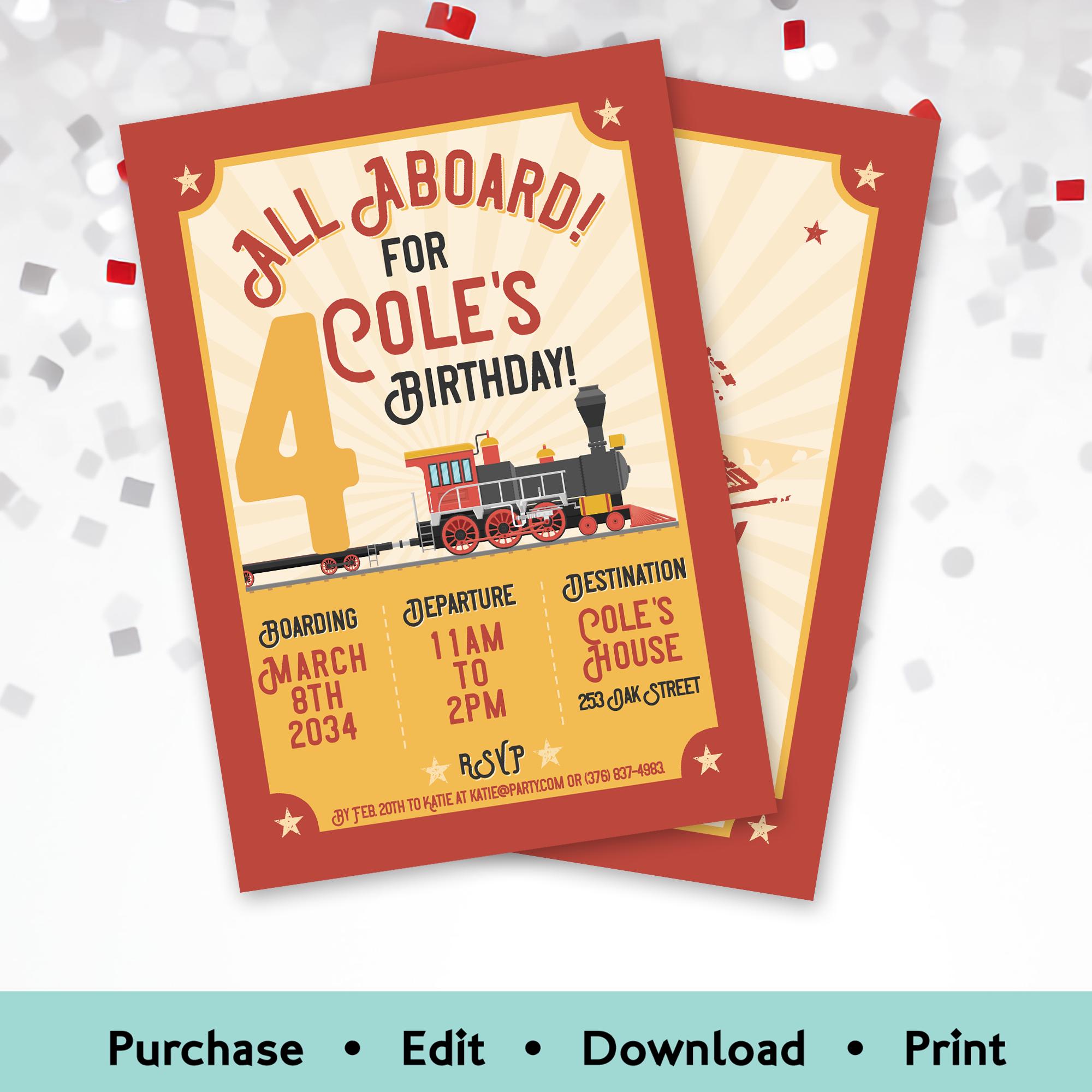 All Aboard Train Birthday Party Invitation | Editable Template | Red ...