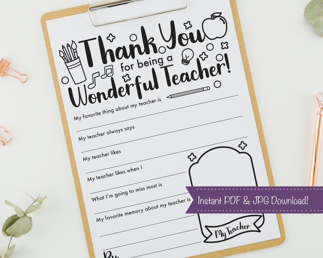 All About My Teacher Printable Thank You, Teacher Appreciation, Teacher ...