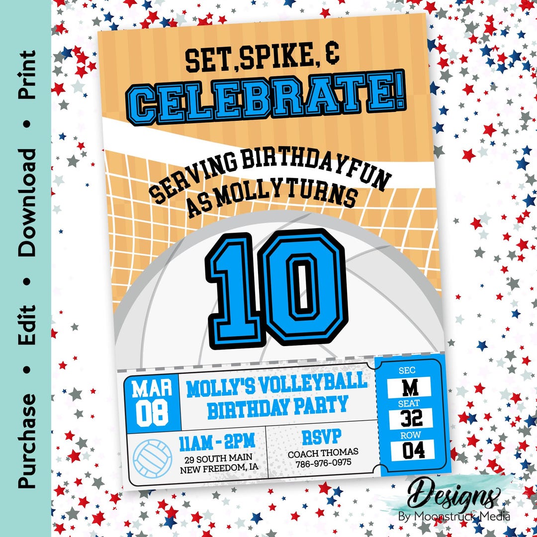 Volleyball Birthday Invitation Editable | Girl Sports Party Invite for ...