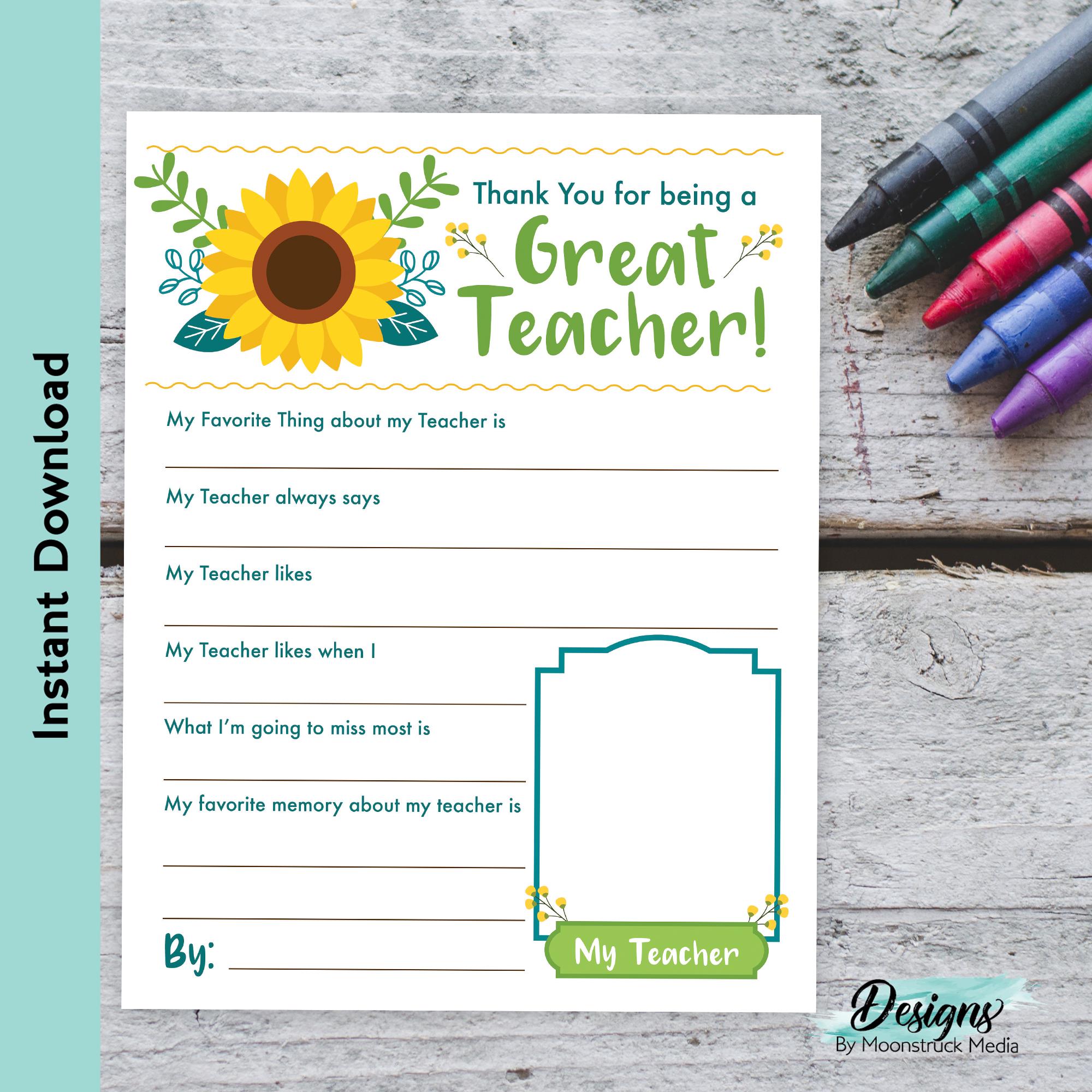 Thank You Teacher Fill-in Letter With Sunflower | Printable Teacher ...