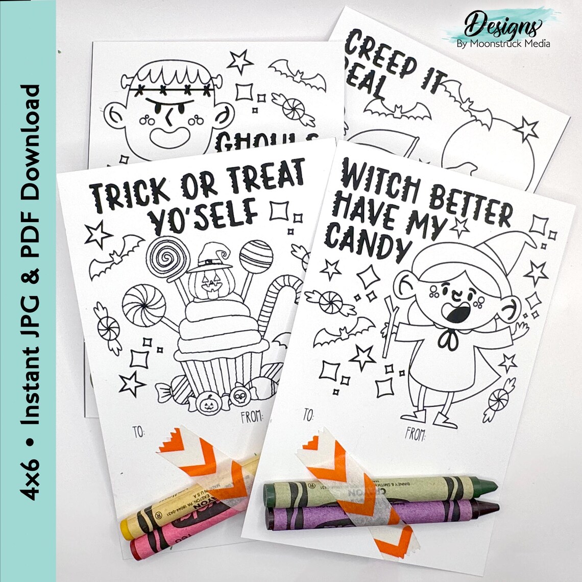 Halloween Coloring Cards for Kids: Printable Trick or Treat Favors (PDF ...