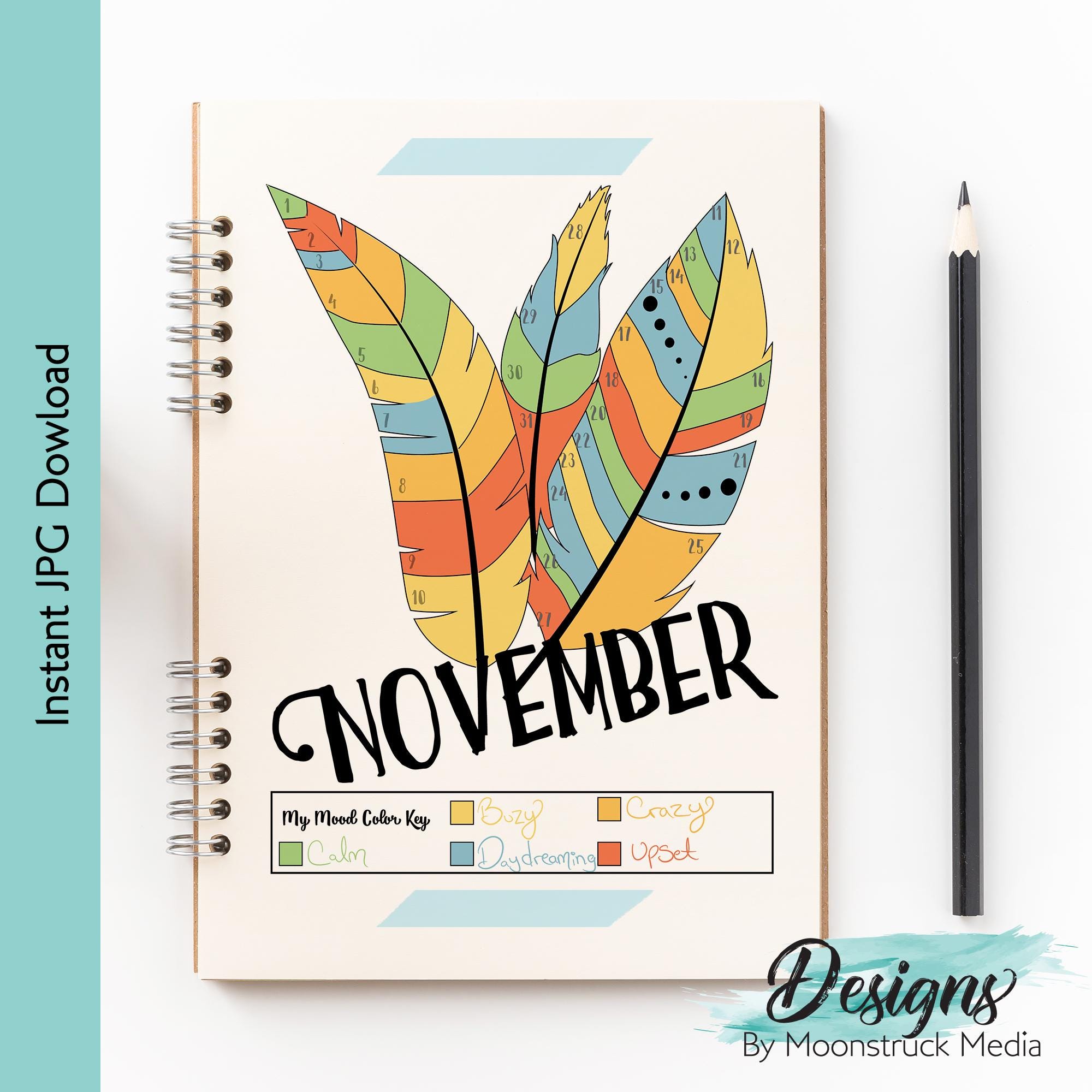 November Mood Tracker Feather Theme | Printable Mood Tracker | Bullet ...