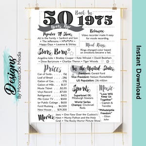 1975 Fun Facts Poster | 50th Birthday Sign | Black and White Retro 1975 ...