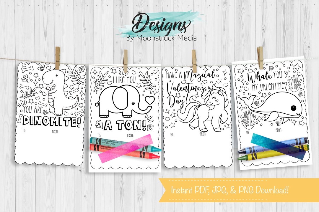Color Your Own Valentine Card, Dinosaur, Unicorn, Elephant, Whale ...