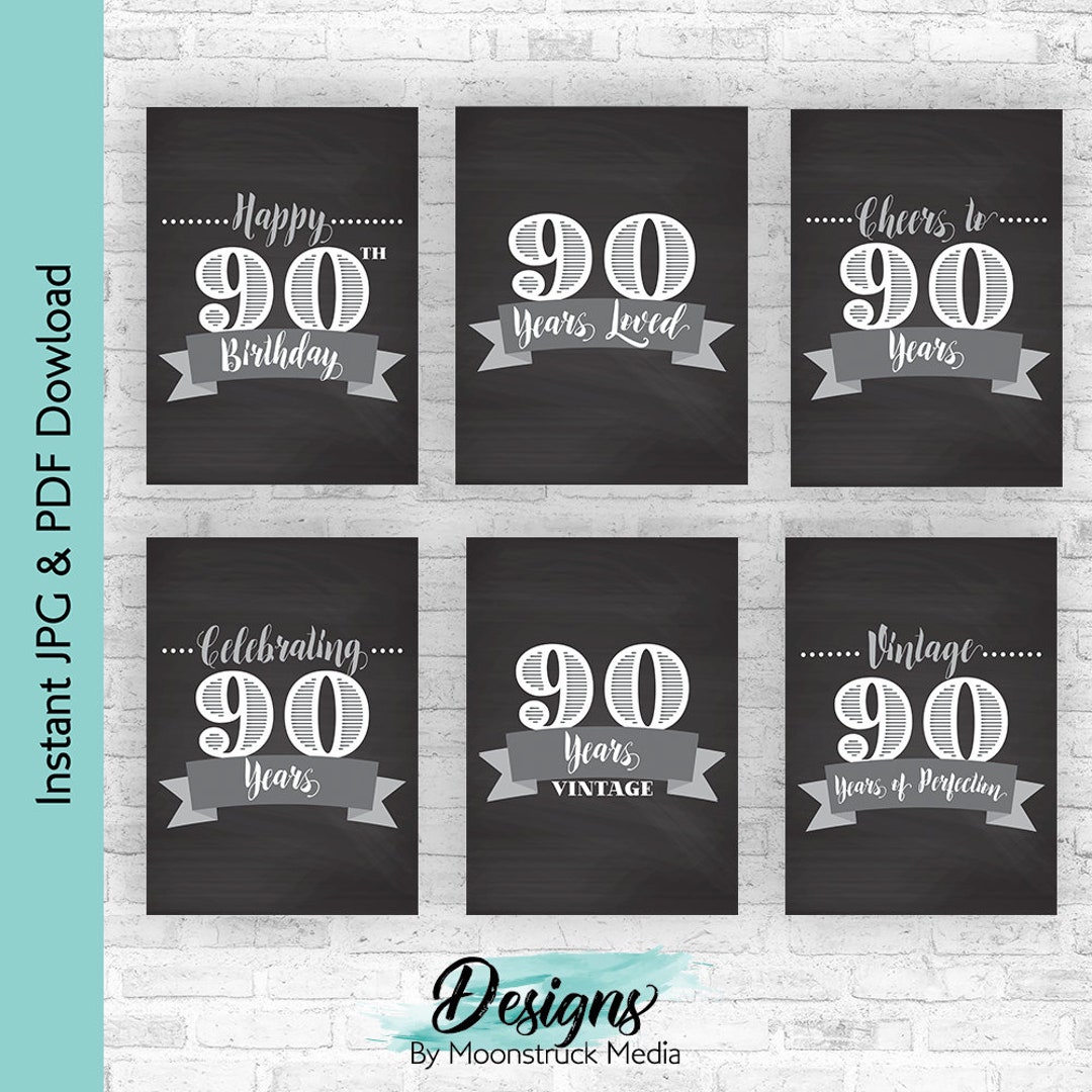 90th Birthday Decoration Bundle Chalkboard Style | White Text on Black ...