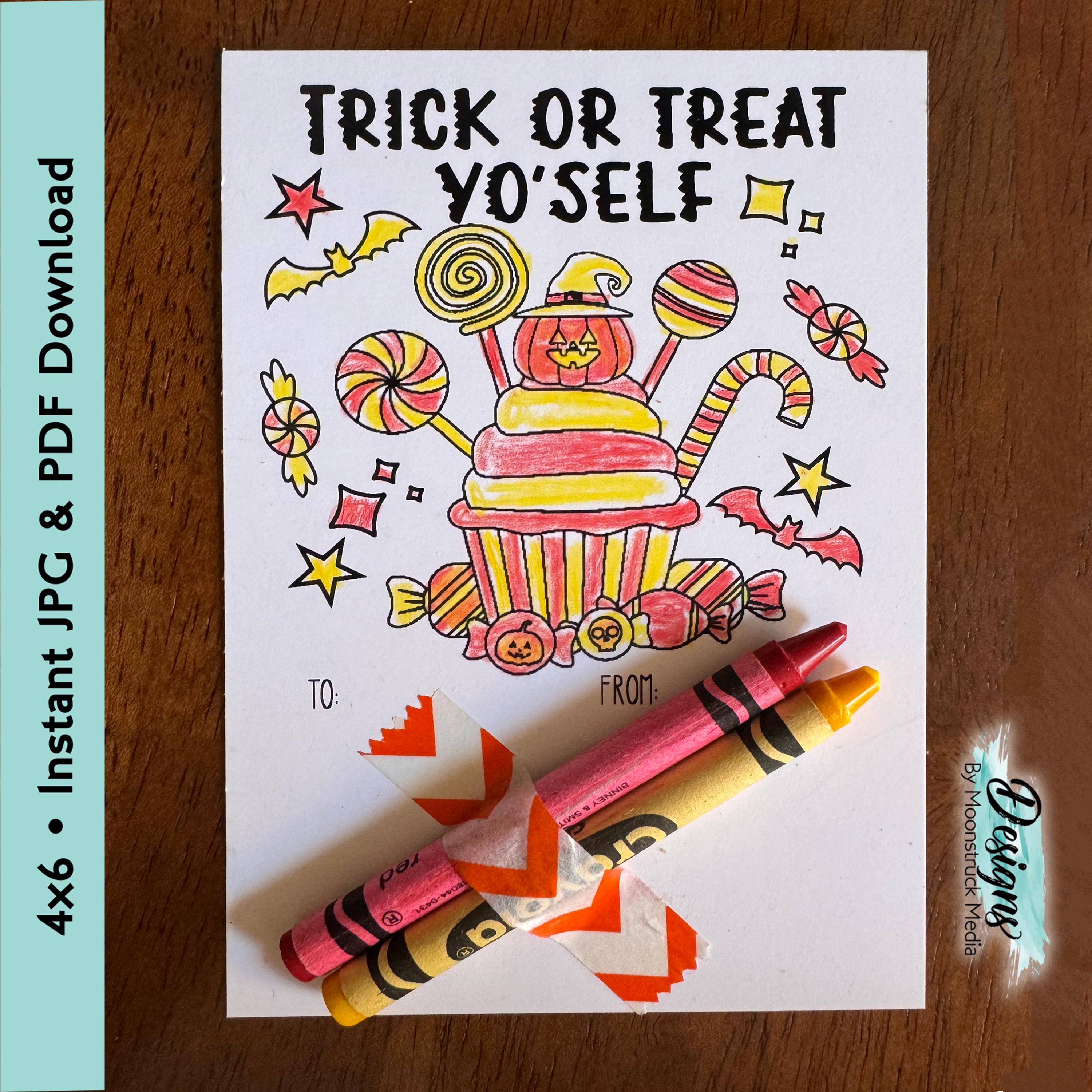 Halloween Coloring Cards for Kids: Printable Trick or Treat Favors (PDF ...