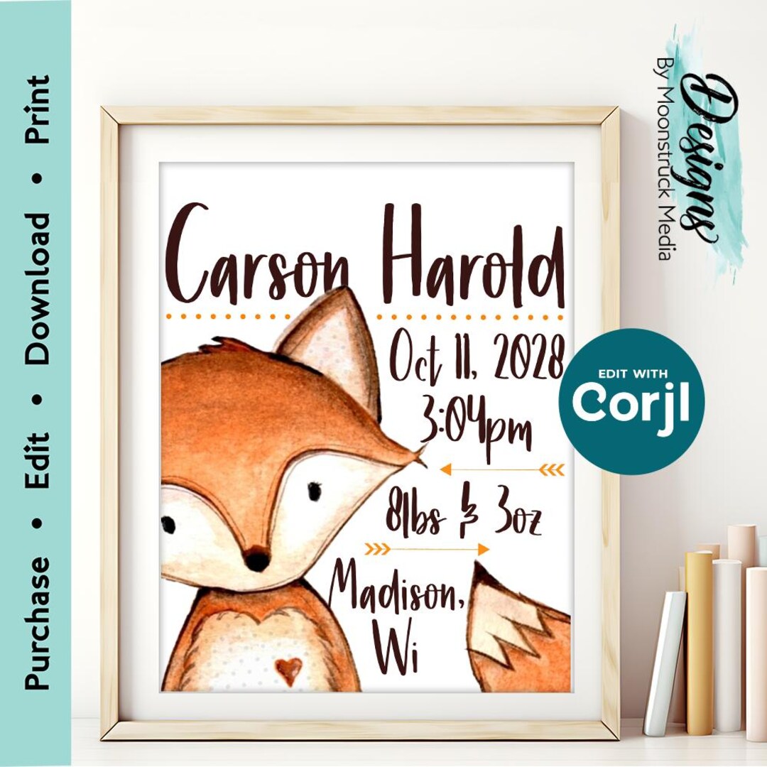 Customizable Newborn Baby Stats Sign | Cute Fox Design | Birth Info ...