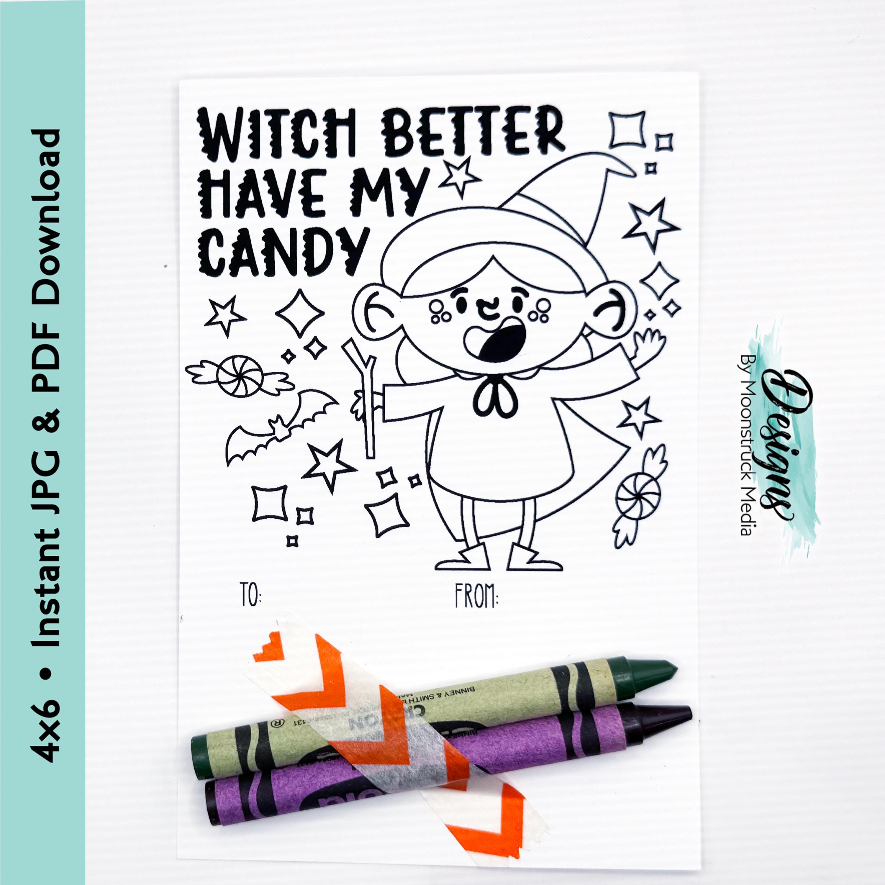 Halloween Coloring Cards for Kids: Printable Trick or Treat Favors (PDF ...