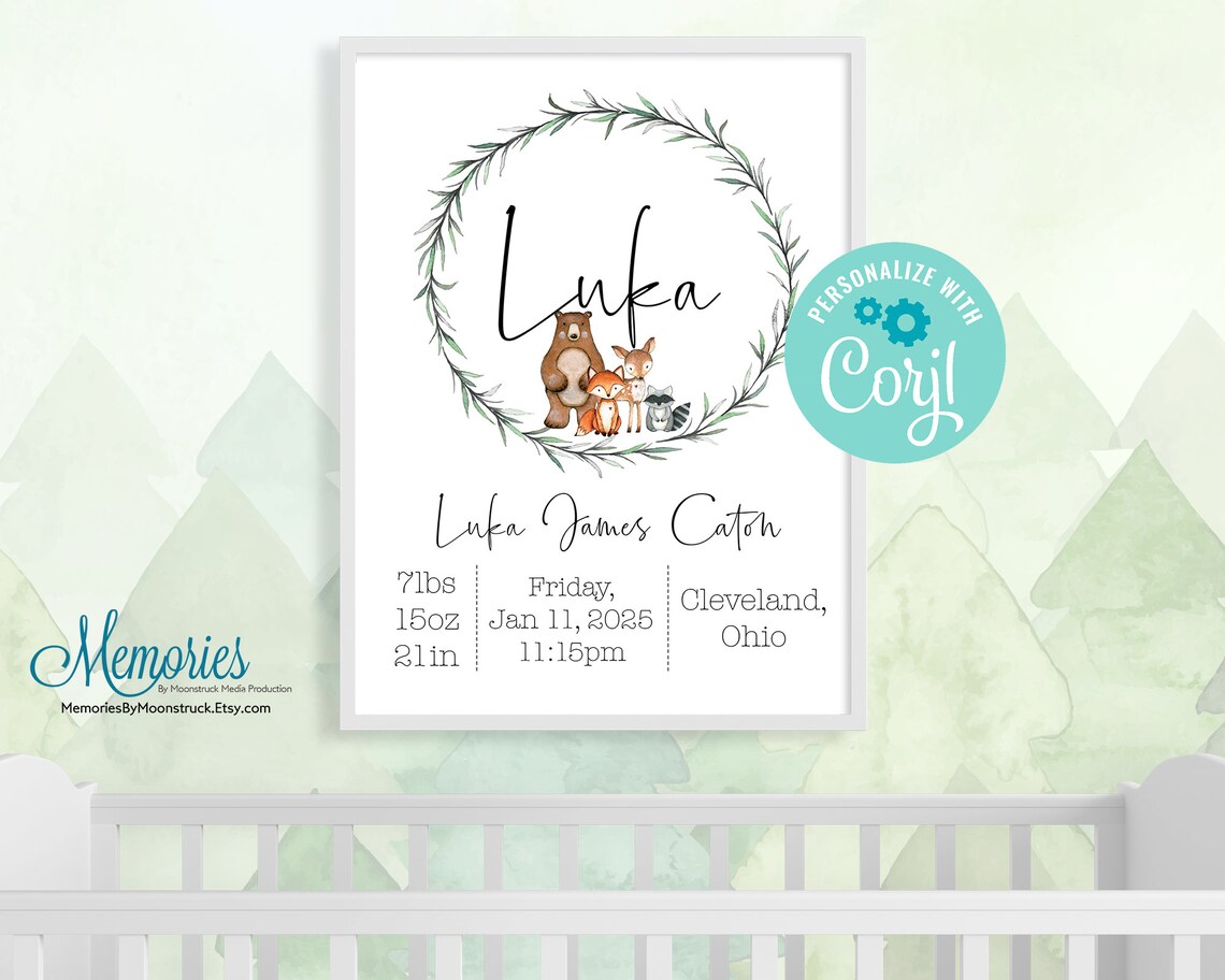 Woodland Animals Birth Stats Sign | Etsy