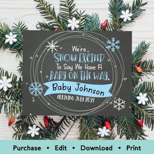 Winter Pregnancy Announcement Printable | Snow Excited Baby Reveal Sign ...