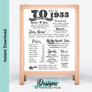 1955 Fun Facts Poster | Black and White 70th Birthday Sign With ...