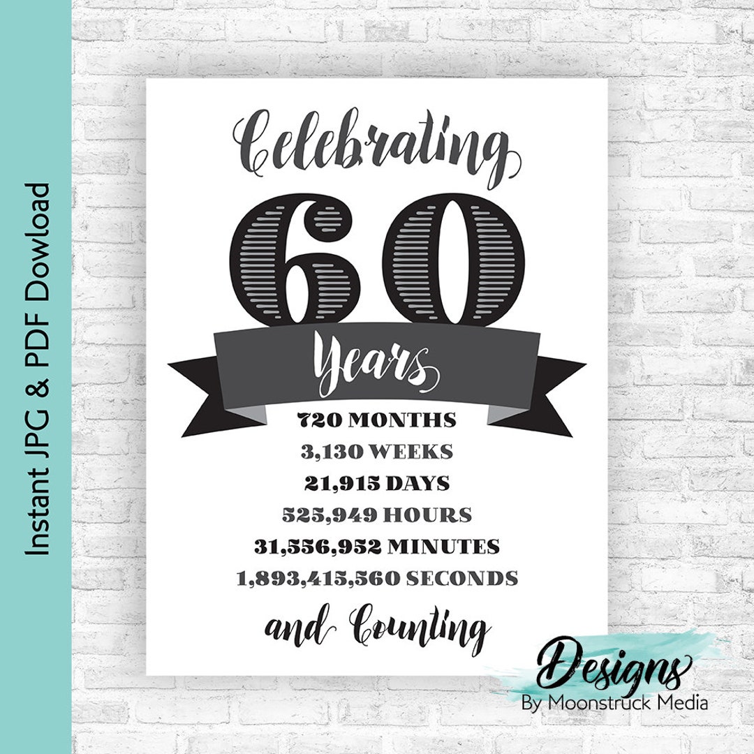 Celebrating 60 Years Sign | 60th Birthday Time Breakdown Printable ...