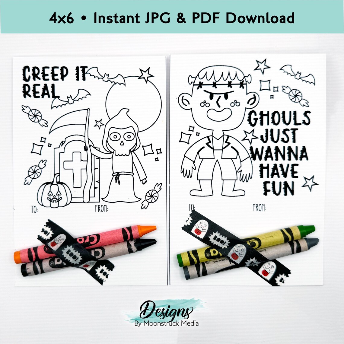 Halloween Coloring Cards for Kids: Printable Trick or Treat Favors (PDF ...