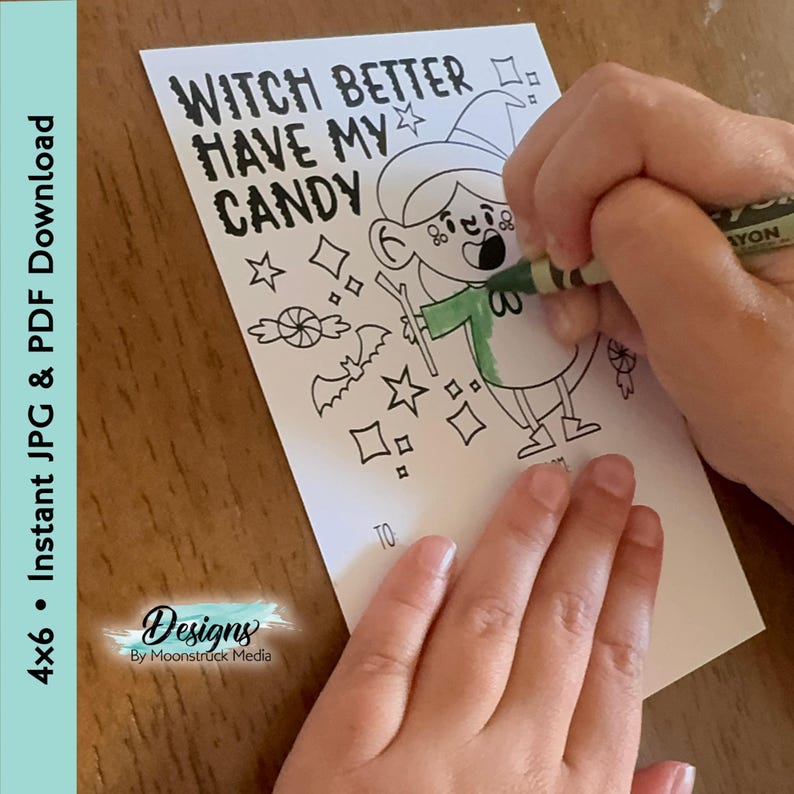 Halloween Coloring Cards for Kids: Printable Trick or Treat Favors (PDF ...