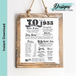 1955 Fun Facts Poster | Black and White 70th Birthday Sign With ...