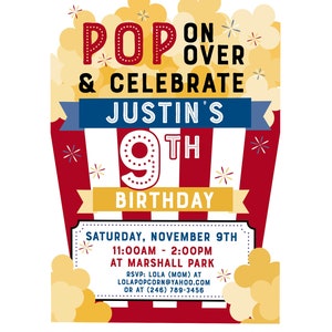 Pop on Over Popcorn Invitation, Movies Invitation, Movie Birthday ...