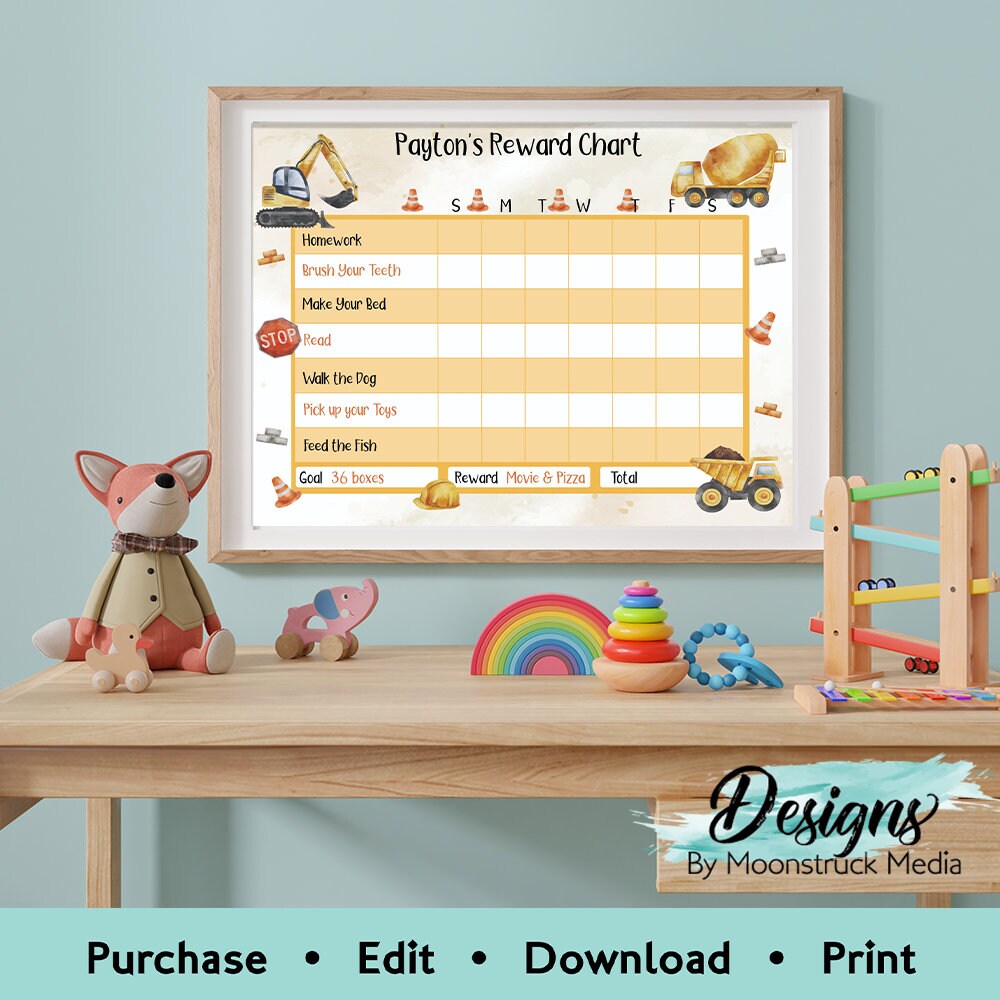Editable Construction Reward Chart Printable | Kids Chore or Behavior ...