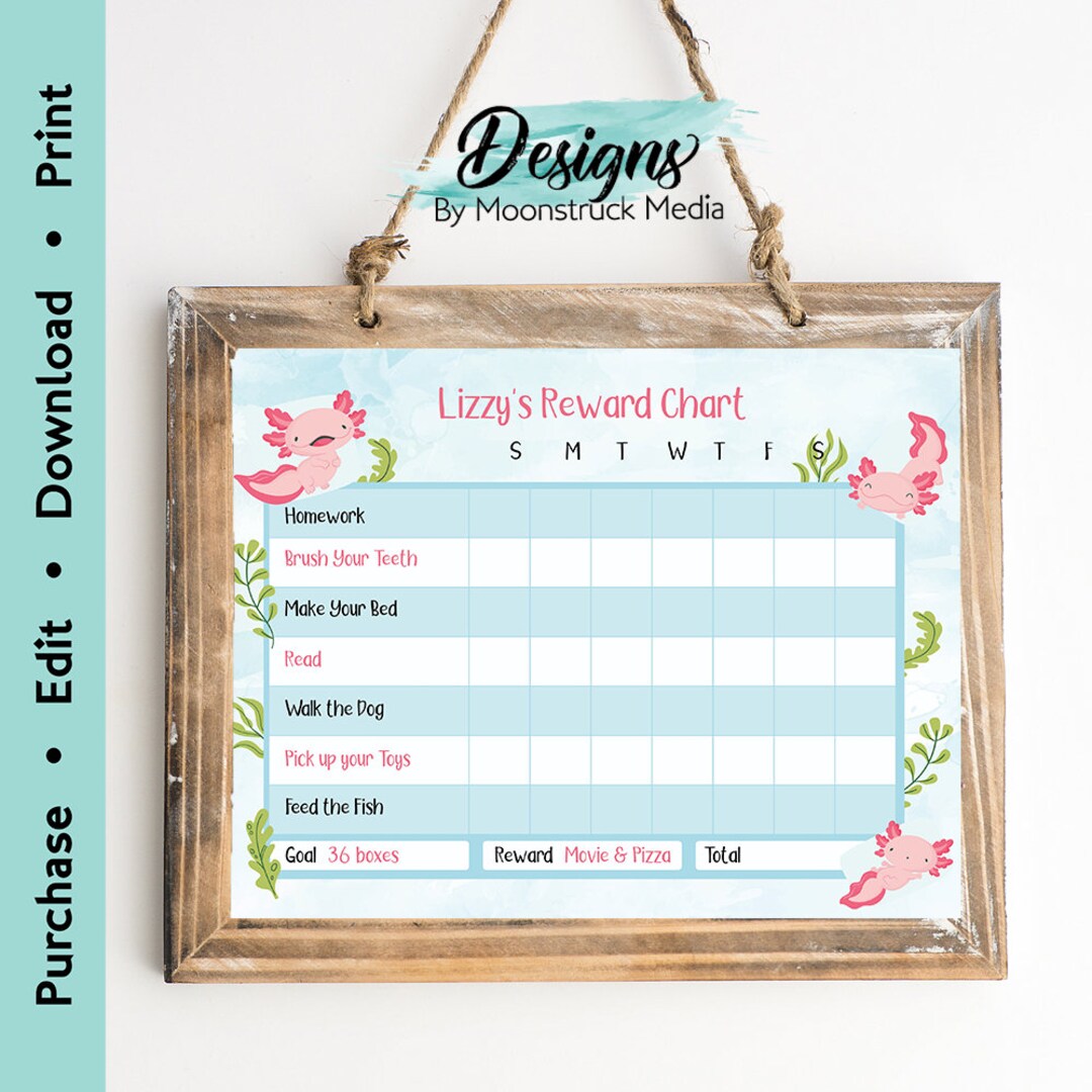 Editable Axolotl Reward Chart Printable | Cute Reading or Behavior ...