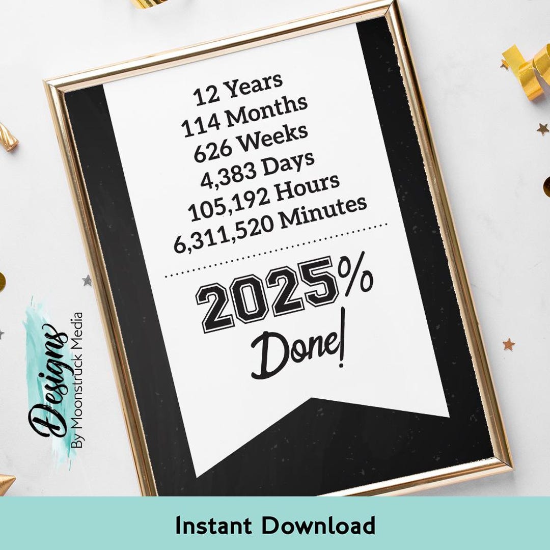 2025% Done Graduation Sign Black and White | 12 Years School Countdown ...